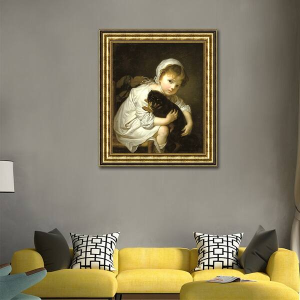 Petite fille au chien by Jean-Baptiste Greuze Giclee Print Oil Painting Gold Frame Size 15" x 17 ...